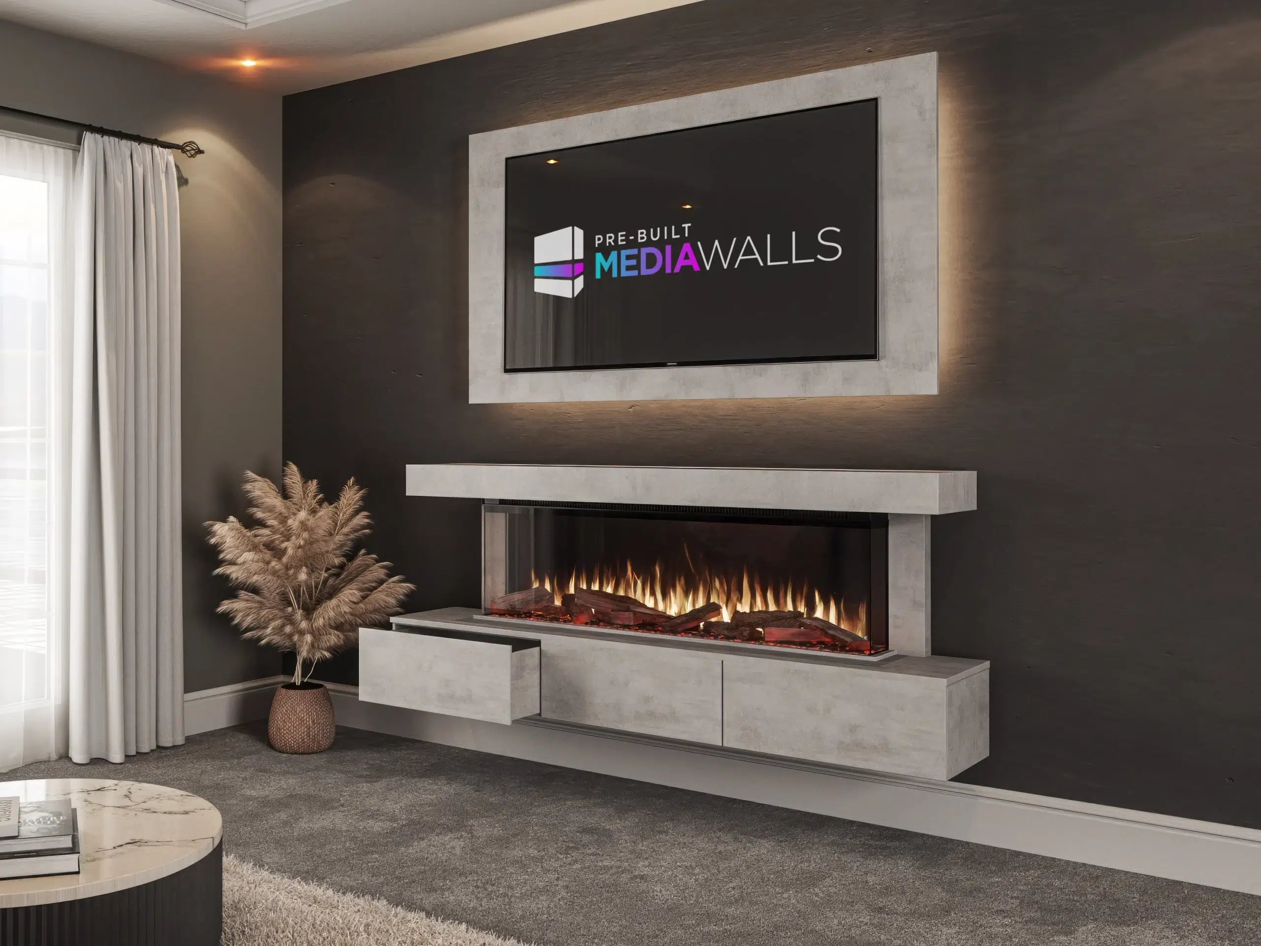 Stella Media Wall With 50" Panoramic Fire | Pre-Built Media Walls